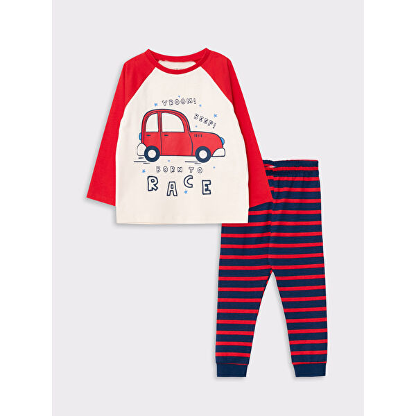 Bisiklet Yaka Uzun Kollu Baskılı Pamuklu Erkek Bebek Pijama Takımı 2'li