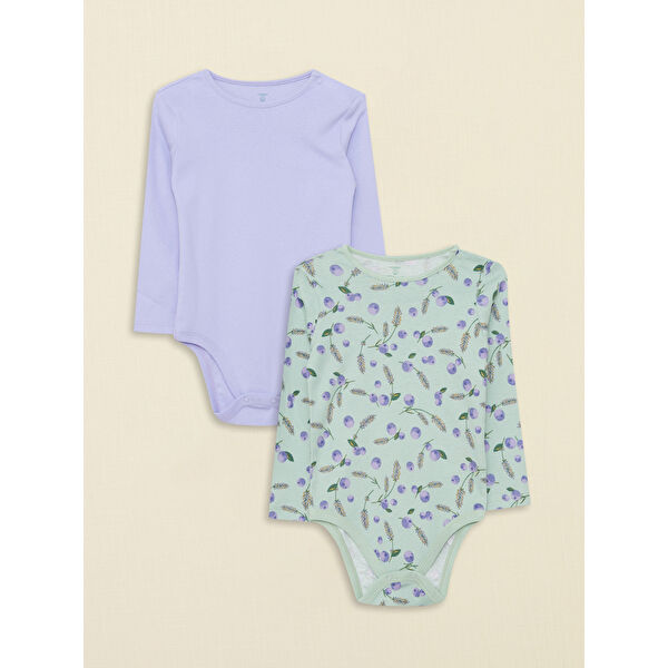 Bisiklet Yaka Uzun Kollu Organik Pamuklu Kız Bebek Çıtçıtlı Body 2'li