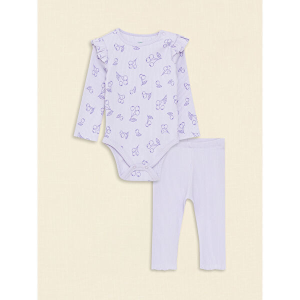 Bisiklet Yaka Uzun Kollu Baskılı Kız Bebek Çıtçıtlı Body ve Pantolon 2'li Takım