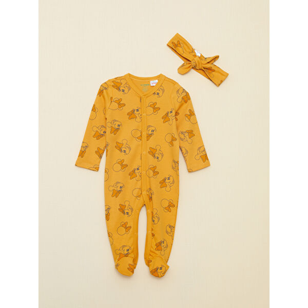 Bisiklet Yaka Uzun Kollu Minnie Mouse Baskılı Pamuklu Kız Bebek Tulum ve Saç Bandı 2'li