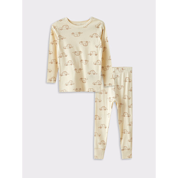 Bisiklet Yaka Uzun Kollu Baskılı Pamuklu Erkek Bebek Pijama Takımı 2'li
