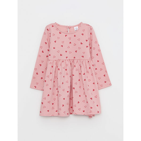 Bisiklet Yaka Uzun Kollu Baskılı Kız Bebek Elbise