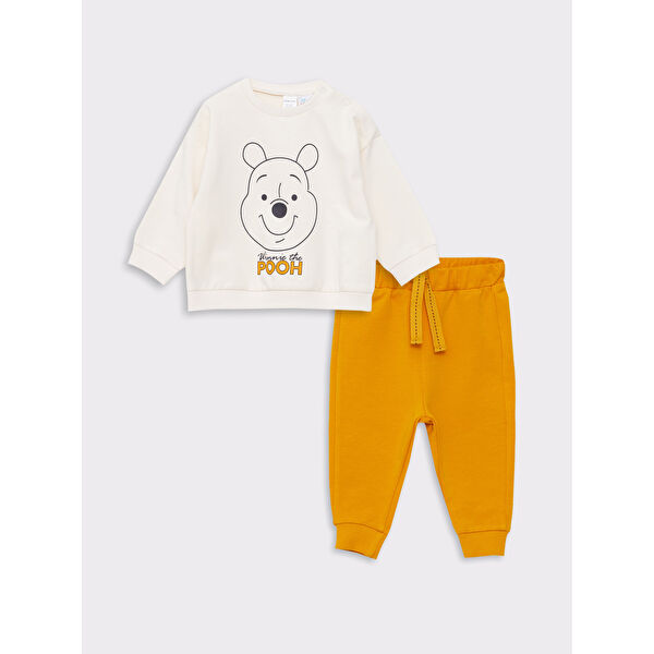 Bisiklet Yaka Uzun Kollu  Winnie the Pooh Baskılı Erkek Bebek Sweatshirt ve Pantolon 2'li