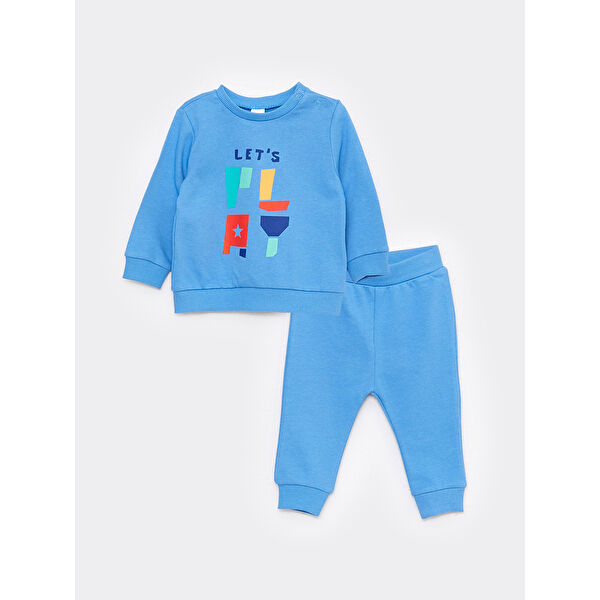 Bisiklet Yaka Uzun Kollu Baskılı Erkek Bebek Sweatshirt ve Pantolon 2'li Takım