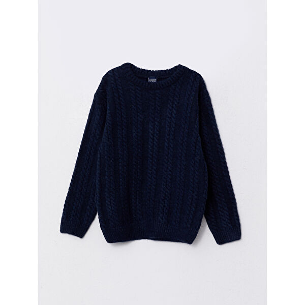 Bisiklet Yaka Saç Örgüsü Desenli Uzun Kollu Erkek Çocuk Triko Kazak