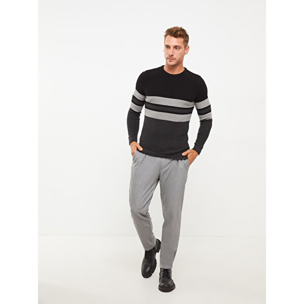 Bisiklet Yaka Uzun Kollu Renk Bloklu Erkek Triko Kazak