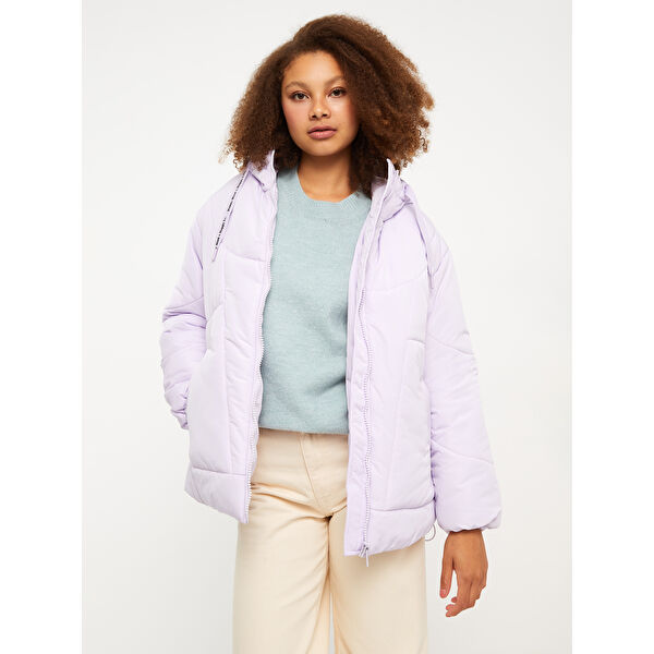 Kapüşonlu Düz Uzun Kollu Kadın Şişme Mont