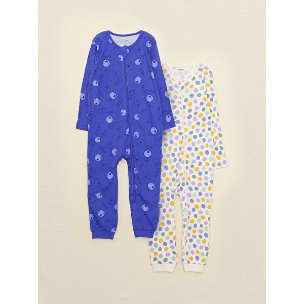 Bisiklet Yaka Uzun Kollu Baskılı Organik Pamuklu Kız Bebek Tulum 2'li