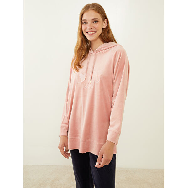 Kapüşonlu Baskılı Uzun Kollu Kadife Kadın Pijama Üst