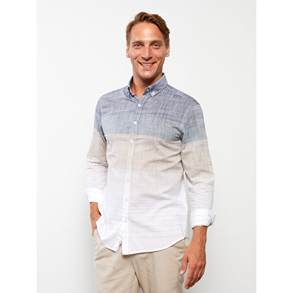 Regular Fit Uzun Kollu Çizgili Poplin Erkek Gömlek