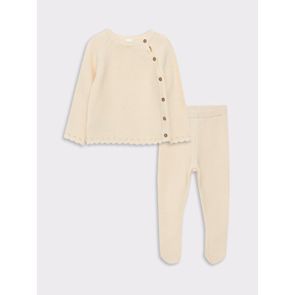 Bisiklet Yaka Uzun Kollu Pamuklu Kız Bebek Triko Hırka ve Pantolon Bisiklet Yaka Uzun Kollu Pamuklu Kız Bebek Triko Hırka ve Pantolon