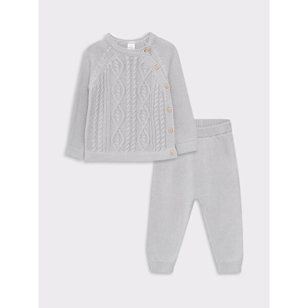 Bisiklet Yaka Kendinden Desenli Uzun Kollu Erkek Bebek Triko Hırka ve Pantolon