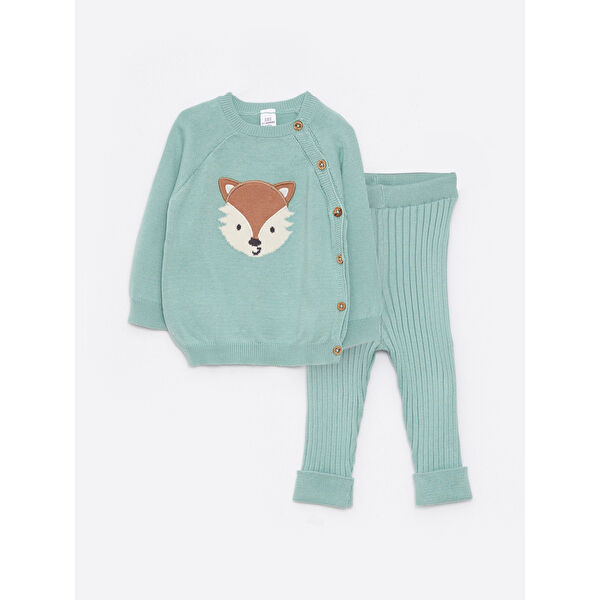 Bisiklet Yaka Uzun Kollu Desenli Erkek Bebek Triko Hırka ve Pantolon 2'li Takım