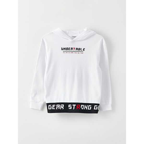 Kapüşonlu Baskılı Uzun Kollu Erkek Çocuk Tişört