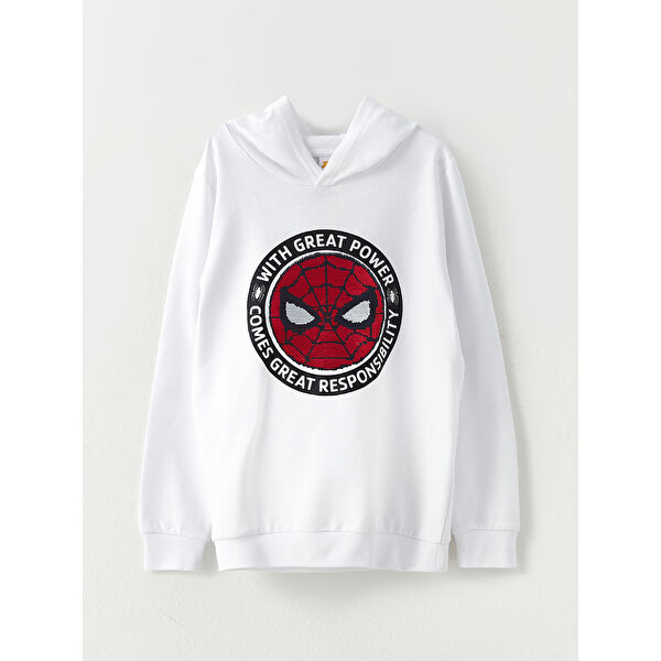 Kapüşonlu Spiderman Baskılı Çift Yönlü Payetli Uzun Kollu Erkek Çocuk Sweatshirt