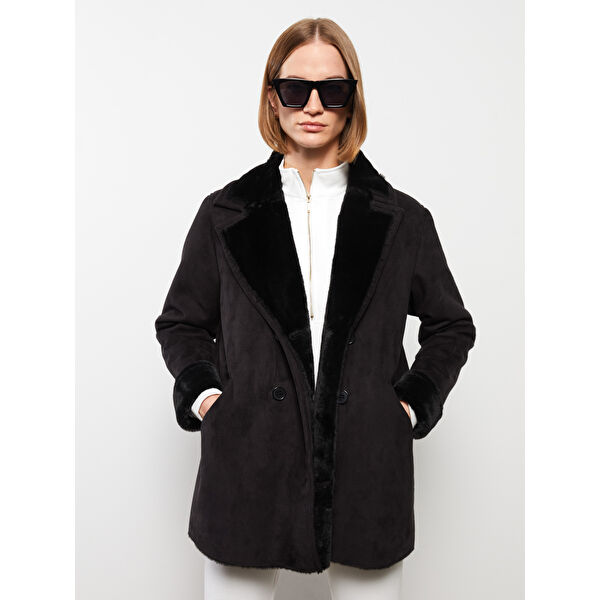 Ceket Yaka Düz Uzun Kollu Kadın Deri Görünümlü Mont