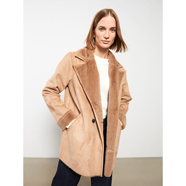 Kruvaze Yaka Düz Uzun Kollu Kadın Deri Görünümlü Mont Kruvaze Yaka Düz Uzun Kollu Kadın Deri Görünümlü Mont