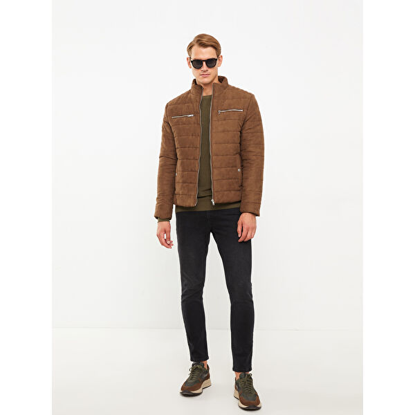 Standart Kalıp Dik Yaka Süet Erkek Şişme Mont