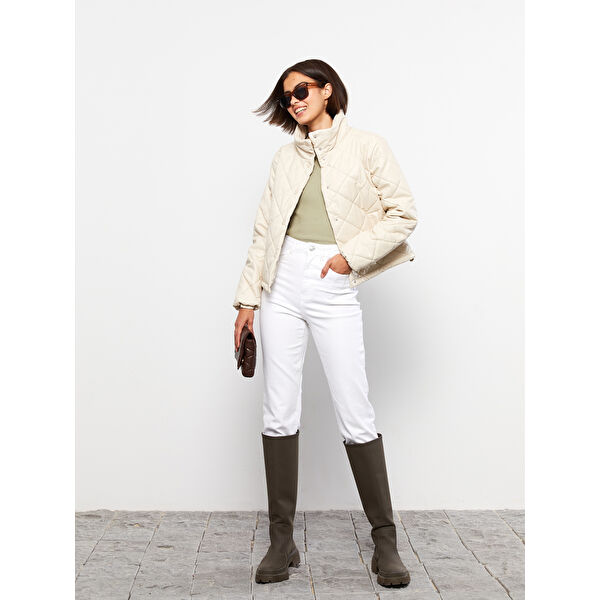 Dik Yaka Kapitone Desenli Uzun Kollu Kadın Şişme Mont