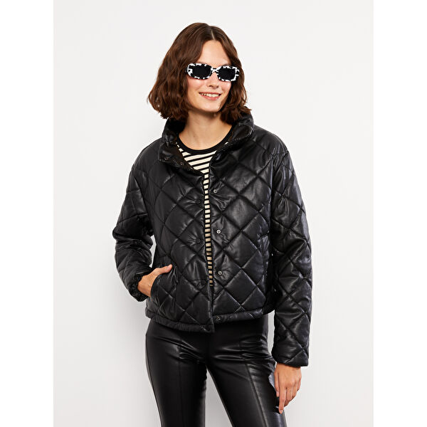 Dik Yaka Kapitone Desenli Uzun Kollu Kadın Şişme Mont Dik Yaka Kapitone Desenli Uzun Kollu Kadın Şişme Mont