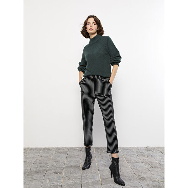 Beli Lastikli Standart Fit Çizgili Kadın Pantolon