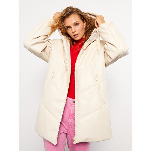 Kapüşonlu Düz Uzun Kollu Kadın Şişme Mont