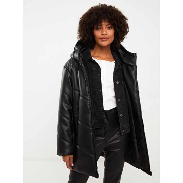 Kapüşonlu Düz Uzun Kollu Kadın Şişme Mont