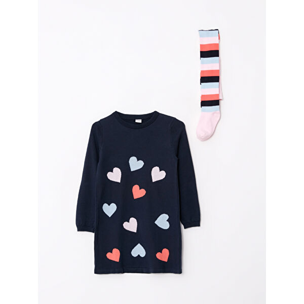 Bisiklet Yaka Desenli Uzun Kollu Kız Çocuk Triko Elbise ve Külotlu Çorap