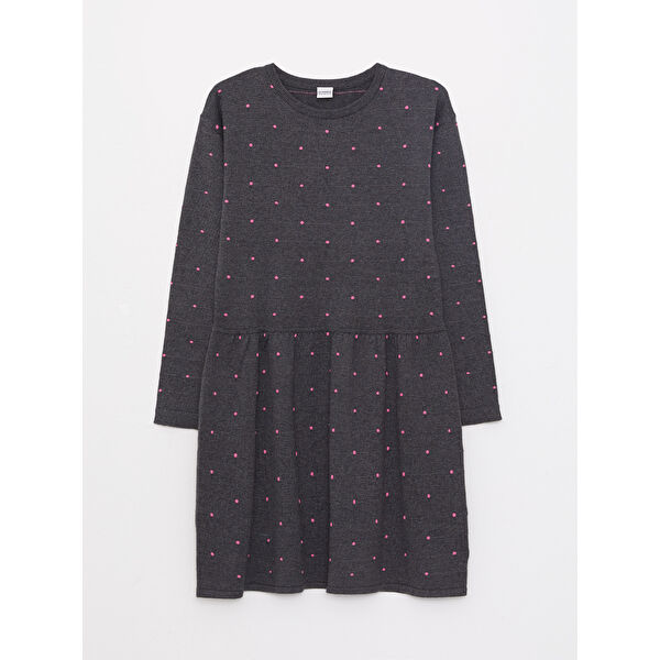 Bisiklet Yaka Puantiyeli Uzun Kollu Kız Çocuk Triko Elbise