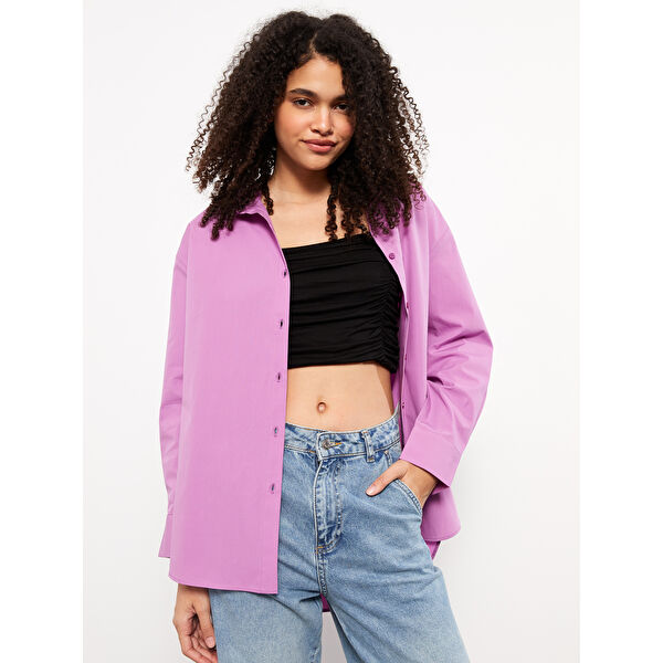 Önden Düğme Kapamalı Düz Uzun Kollu Poplin Kadın Gömlek