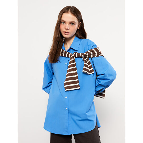 Önden Düğme Kapamalı Düz Uzun Kollu Poplin Kadın Gömlek