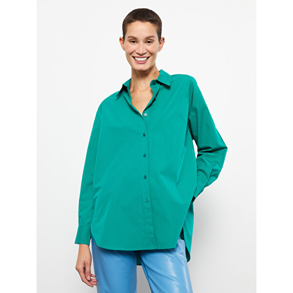 Önden Düğme Kapamalı Düz Uzun Kollu Poplin Kadın Gömlek