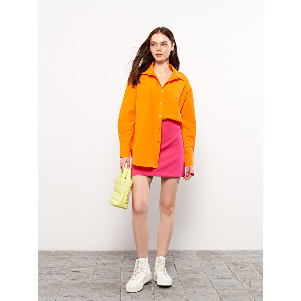 Önden Düğme Kapamalı Düz Uzun Kollu Poplin Kadın Gömlek