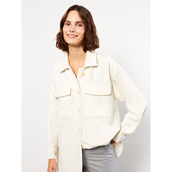 Önden Düğme Kapamalı Düz Uzun Kollu Gabardin Kadın Gömlek Ceket