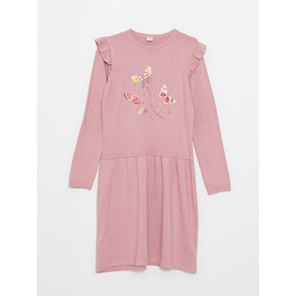 Bisiklet Yaka Baskılı Uzun Kollu Kız Çocuk Triko Elbise Bisiklet Yaka Baskılı Uzun Kollu Kız Çocuk Triko Elbise