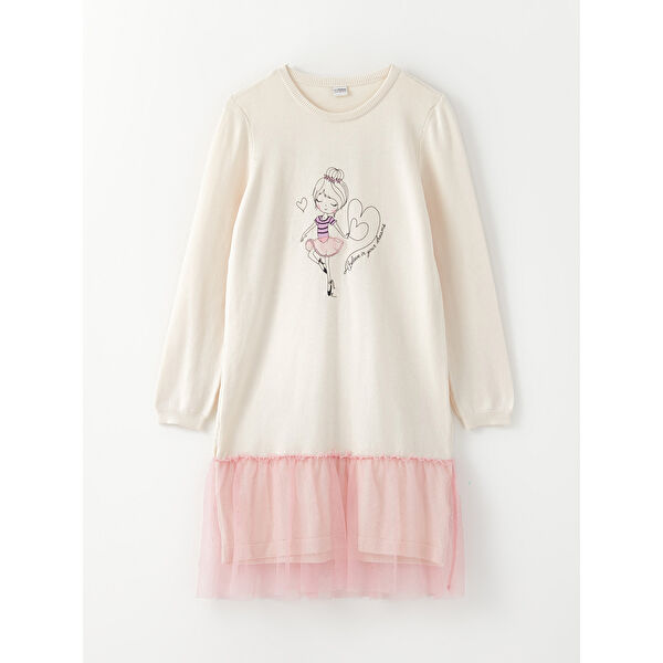 Bisiklet Yaka Baskılı Uzun Kollu Kız Çocuk Triko Elbise