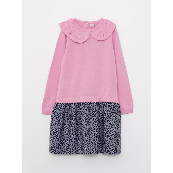 Bebe Yaka Desenli Uzun Kollu Kız Çocuk Elbise