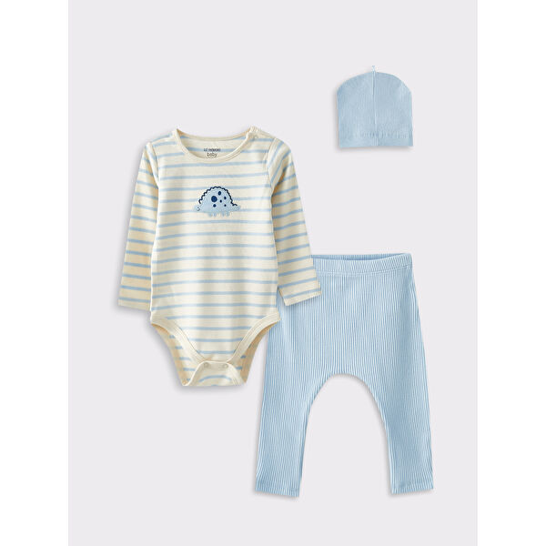 Bisiklet Yaka Uzun Kollu Çizgili Pamuklu Erkek Bebek Takım 3'lü