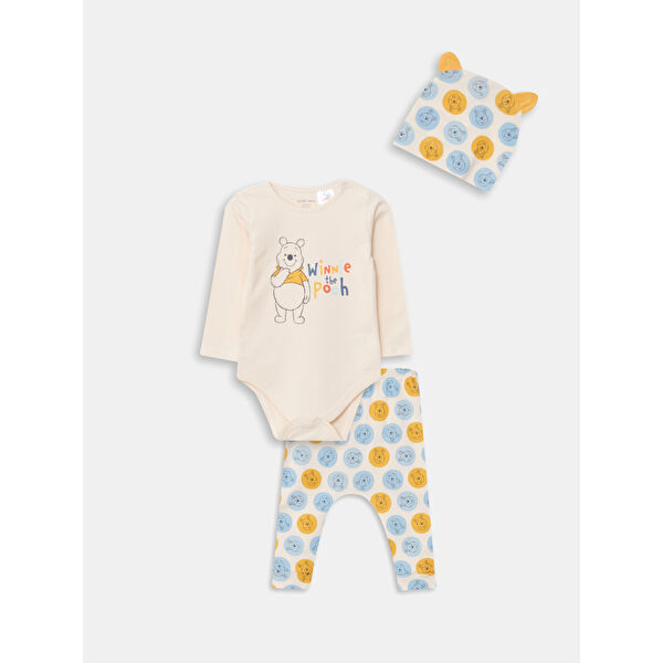 Bisiklet Yaka Uzun Kollu Winnie the Pooh Baskılı Pamuklu Erkek Bebek 3'lü Takım