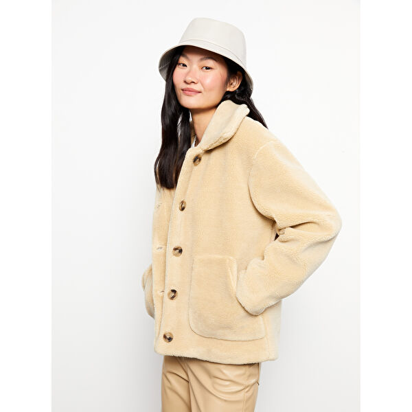 Polo Yaka Düz Uzun Kollu Kürklü Kadın Kaban