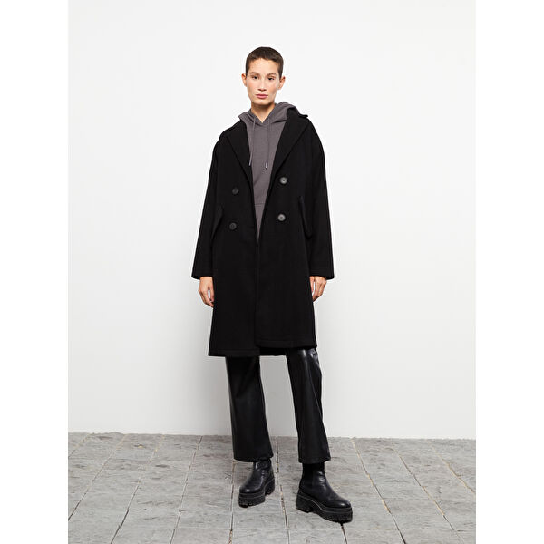 Ceket Yaka Düz Uzun Kollu Kadın Kaşe Kaban