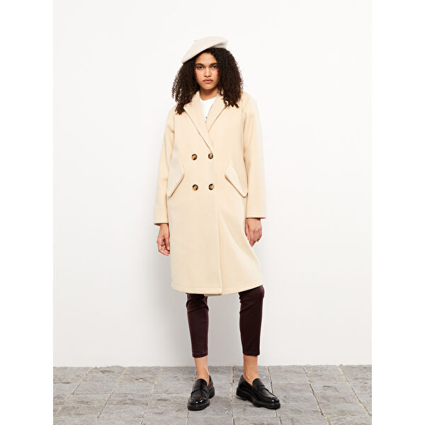 Ceket Yaka Düz Uzun Kollu Kadın Kaşe Kaban