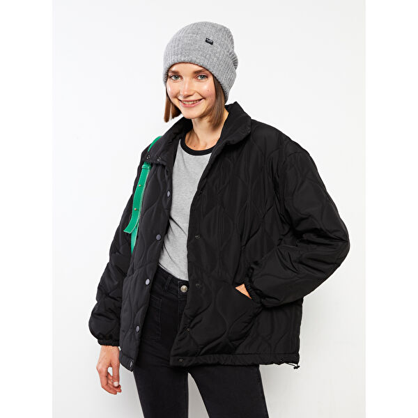 Dik Yaka Kapitone Desenli Uzun Kollu Kadın Şişme Mont