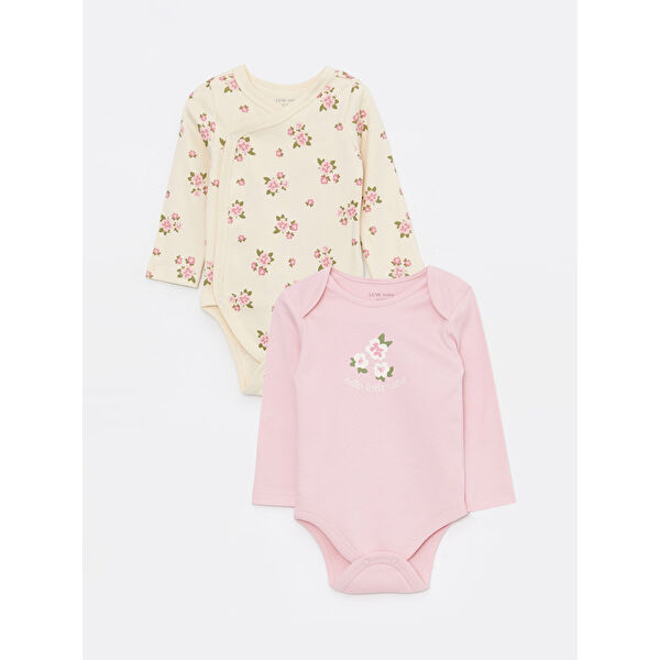 Bisiklet Yaka Uzun Kollu Baskılı Kız Bebek Çıtçıtlı Body 2'li