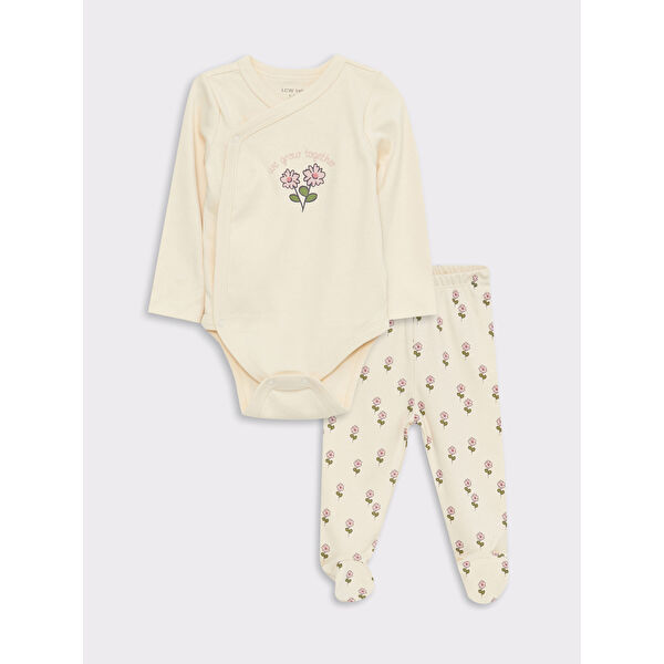 Bisiklet Yaka Uzun Kollu Baskılı Kız Bebek Çıtçıtlı Body ve Pantolon 2'li Takım