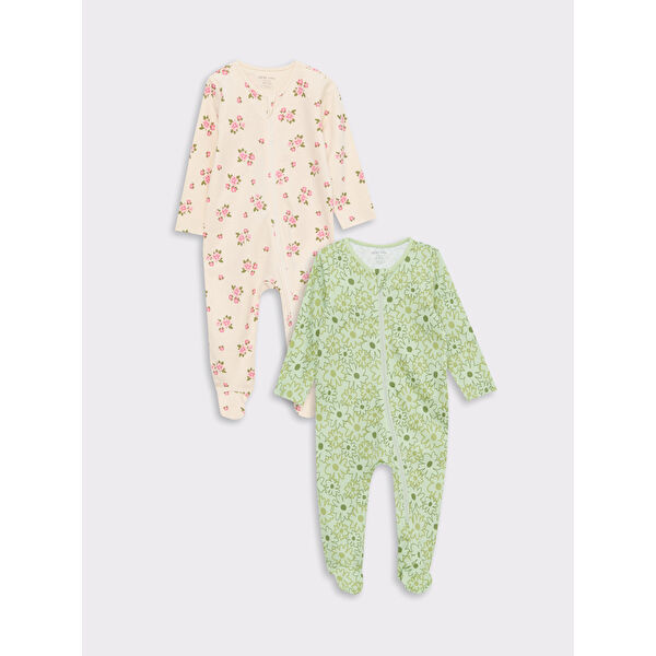 Bisiklet Yaka Uzun Kollu Baskılı Pamuklu Kız Bebek Tulum 2'li