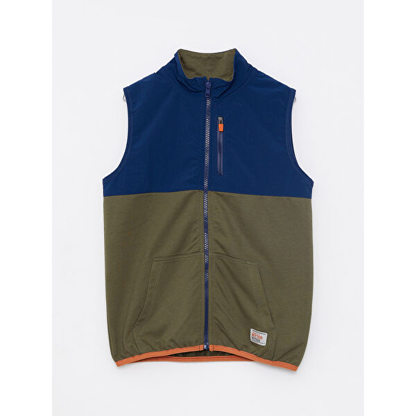 Dik Yaka Renk Bloklu Erkek Çocuk Fermuarlı Yelek