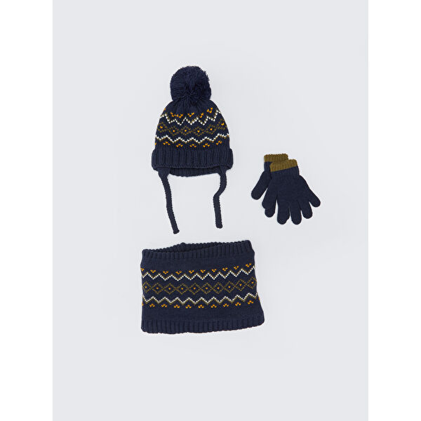 Desenli Erkek Bebek Bere Eldiven ve Boyunluk 3'lü Takım