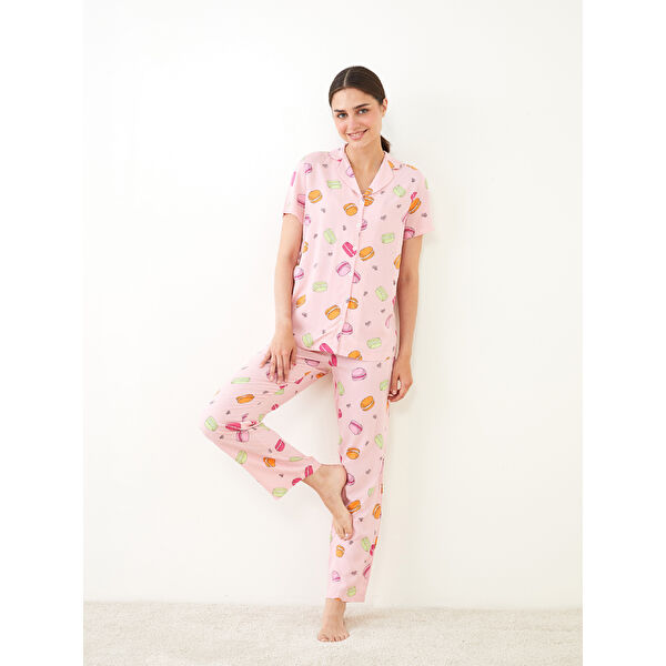 Gömlek Yaka Desenli Kısa Kollu Viskon Kadın Pijama Takımı