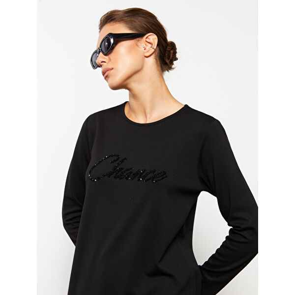 Bisiklet Yaka Pul Payet Baskılı Uzun Kollu Kadın Tunik